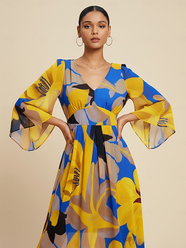 Women's Maxi Dress Chiffon Abstract Floral Print Sheer Flowing Casual ...