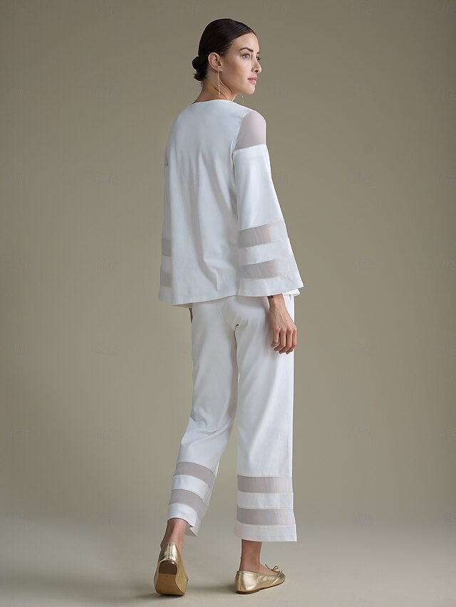 Women's Elegant White Modal Top Fitted with Sheer Chiffon Sleeves ...