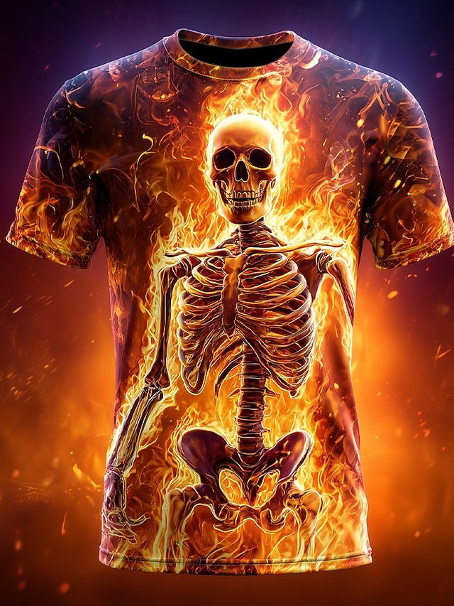 Men's Optical Illusion Hellfire Flames 3D Skeleton T Shirt Short Sleeve ...