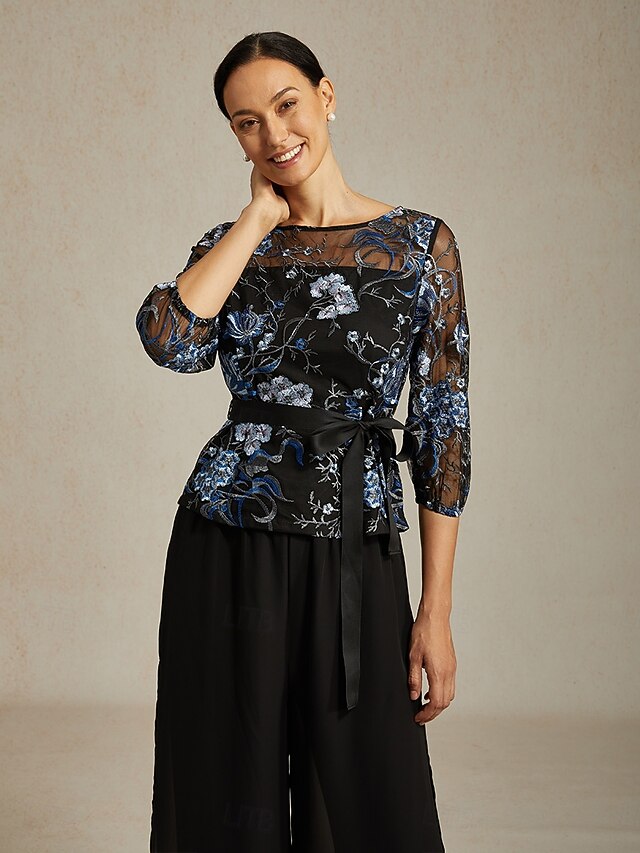 Women's Dressy Tops Embroidered Illusion Lace Elegant 3/4 Length Sleeve ...