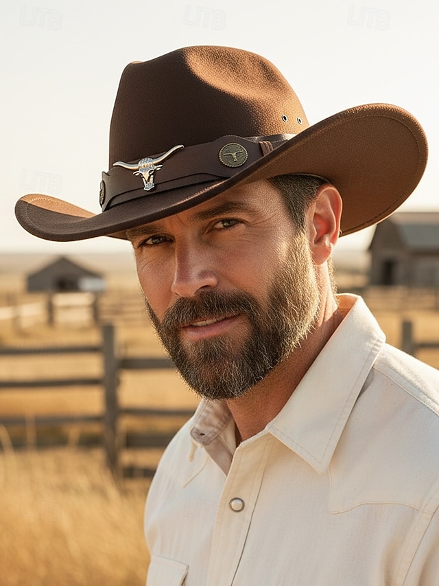 Men's Cowboy Western Hat with Bull Head Band – Vintage Wide Brim Felt ...