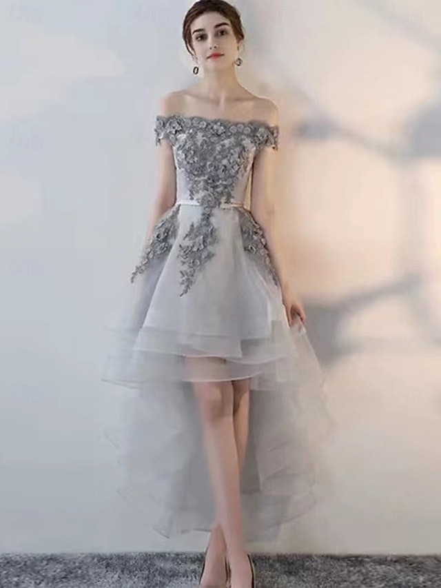 A-Line Asymmetrical Prom Dresses Floral High Low Short Sleeve Off ...