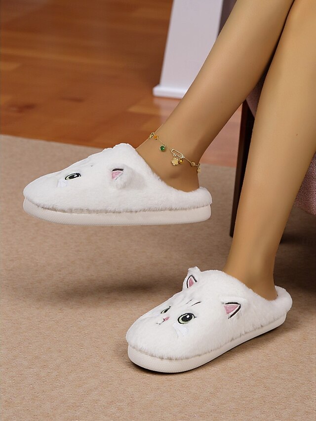 Women's Plush Cat Slippers – Cozy Furry Indoor House Shoes with Cute ...