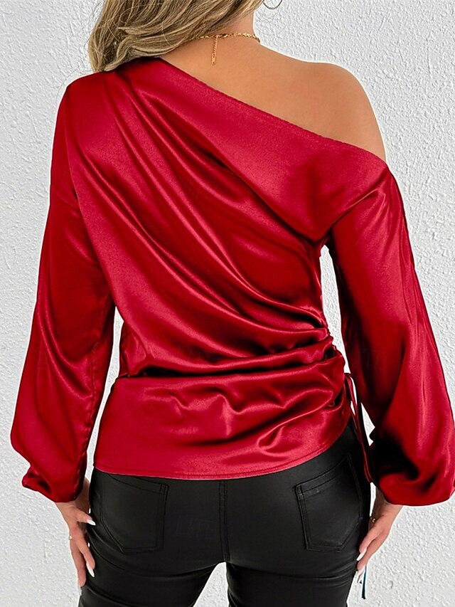 Women's Shirt Elegant Dressy Satin Top Asymmetric Solid Color Plain ...