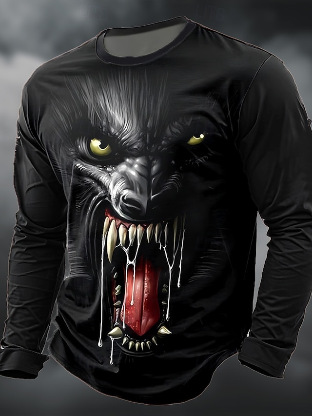 Men's 3D Werewolf T Shirt Long Sleeve T shirt 3D Print Crew Neck Shirt ...