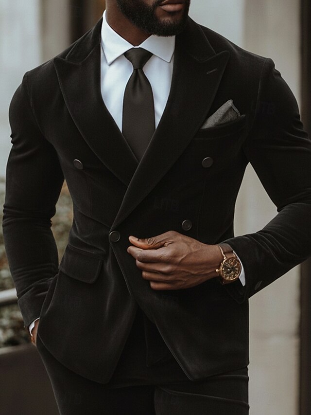 Men's Casual Business Velvet Suits Notch Lapel Black Brown Formal Solid ...