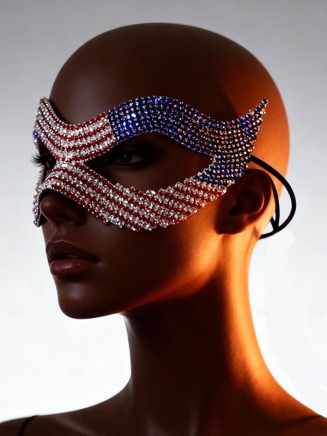 Women's American Flag Rhinestone Masquerade Mask, Red Blue Crystal Face ...