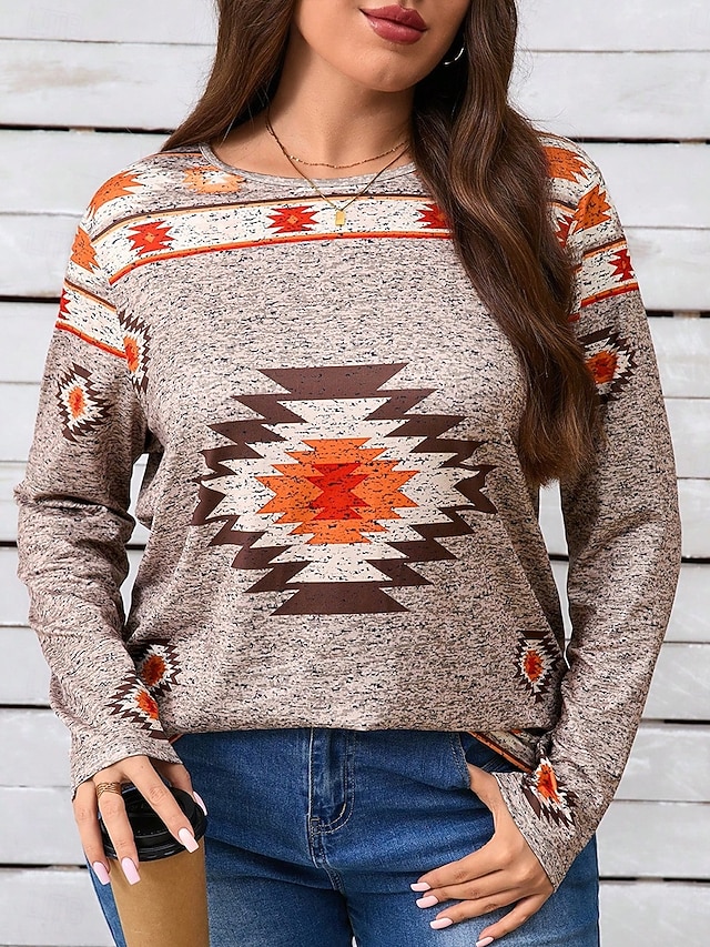 Women's Plus Size Tops T Shirt Geometry Print Long Sleeve Crew Neck ...