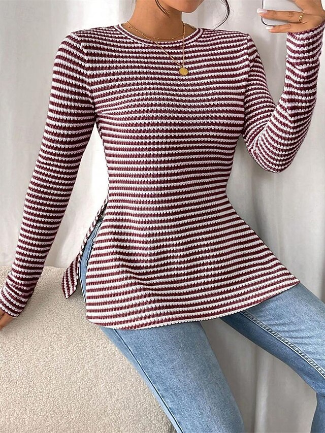 Women's Dressy Tops Solid Color Striped Elegant Cute Ladies Long Sleeve ...