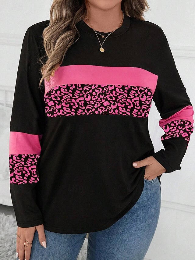 Women's Plus Size Tops T Shirt Geometry Print Long Sleeve Crew Neck ...