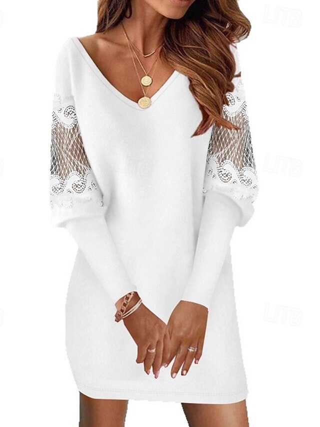 Women's Mini Dress Black Dress Lace Dress Fashion Modern Puff Sleeve ...