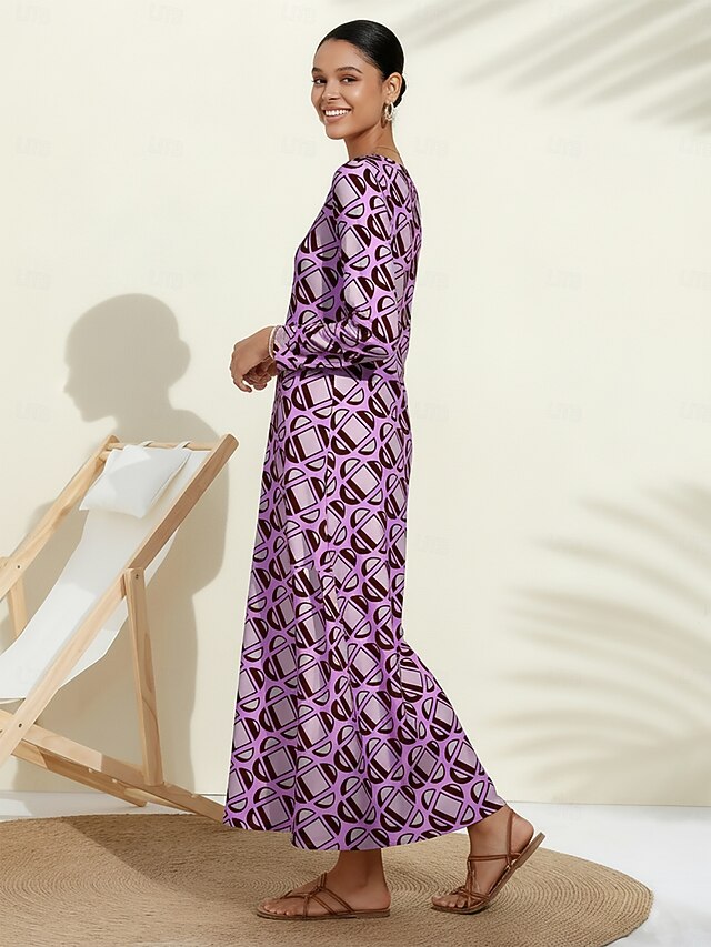 Women's Maxi Dress Geometric Continuous Pattern Round Neck Long Sleeve ...