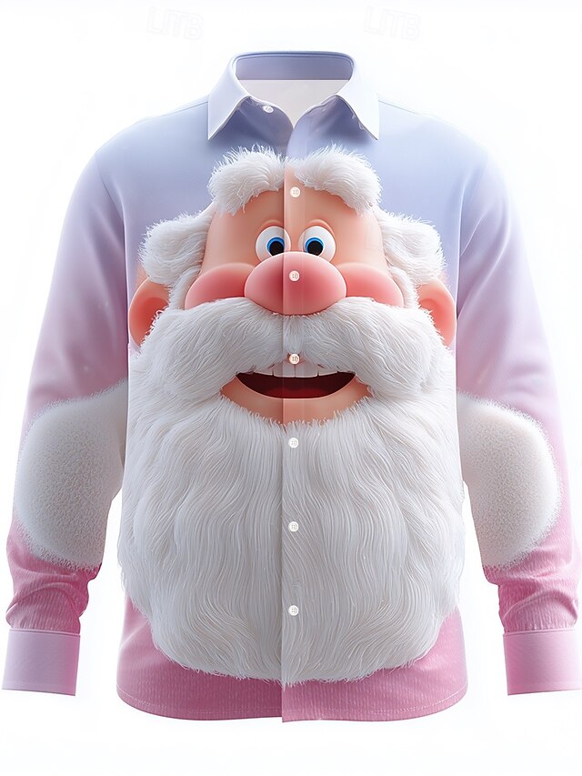 Christmas Men's Santa Claus 3D Cartoon Smile Face Shirt Button Up Shirt ...