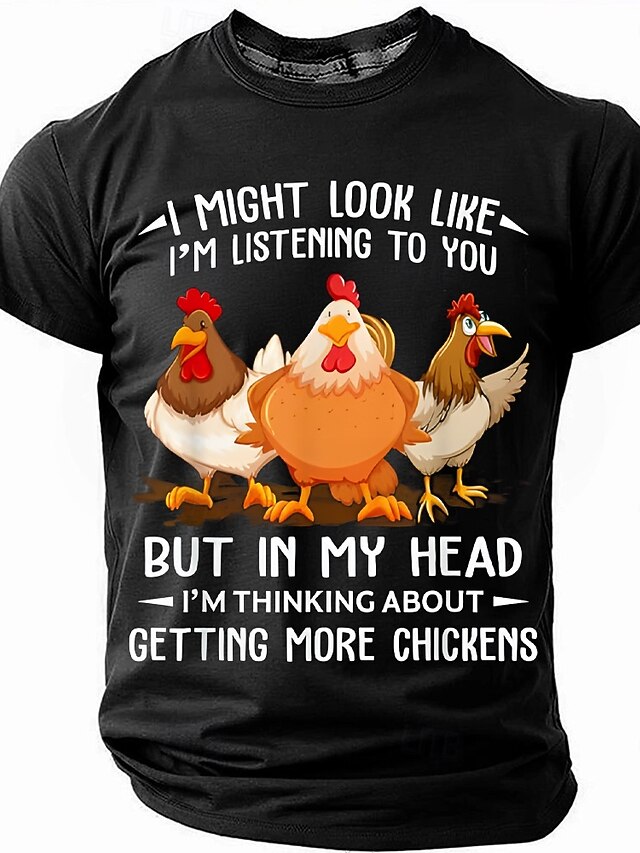 Mens T-Shirt Funny Chicken Graphic Short Sleeve Tee - 'Thinking About ...