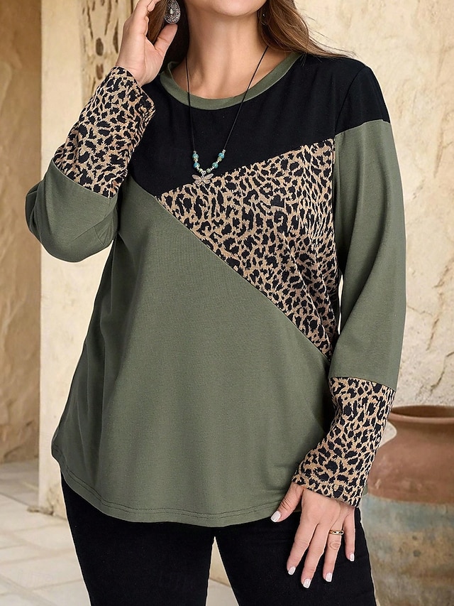 Women's Plus Size Tops T Shirt Leopard Geometry Print Long Sleeve Crew ...