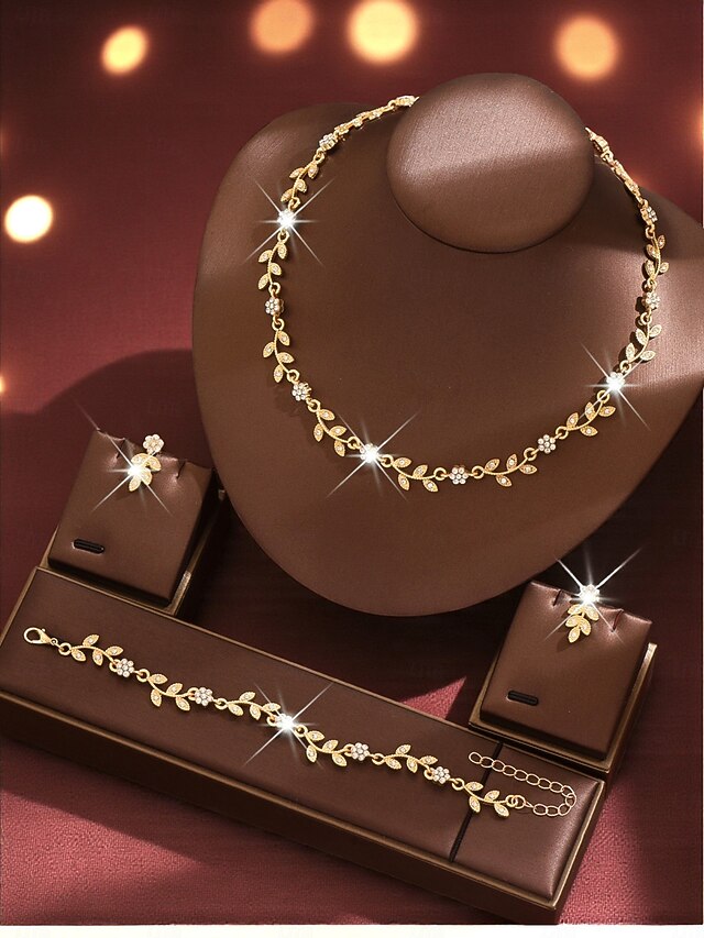 Women's Gold Leaf & Red Crystal Jewelry Set - Delicate Necklace, Drop ...
