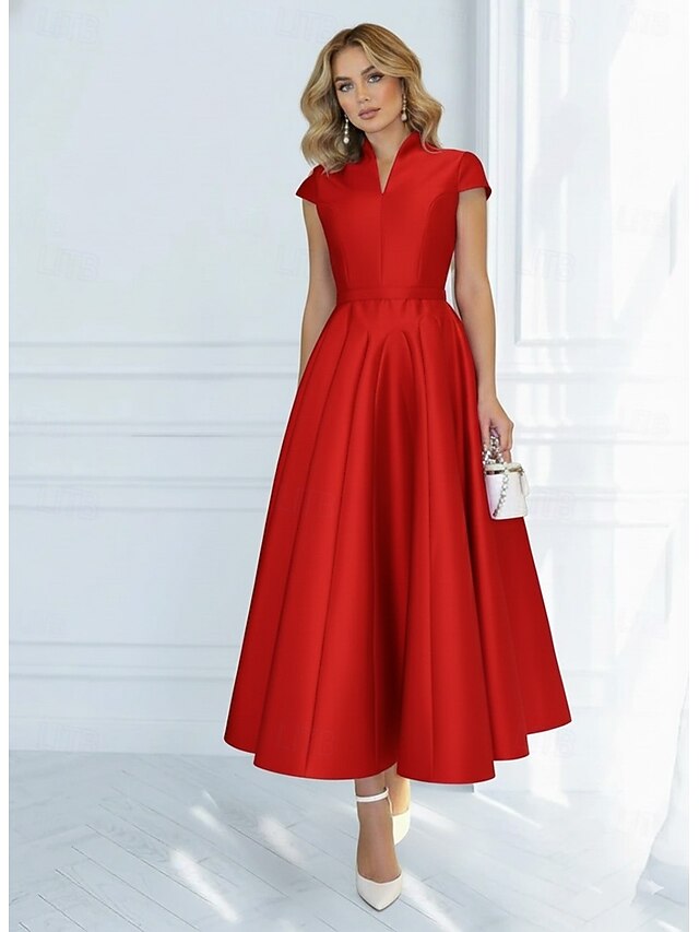 A-Line Tea Length Cocktail Dresses Prom Dresses Elegant Short Sleeve V ...