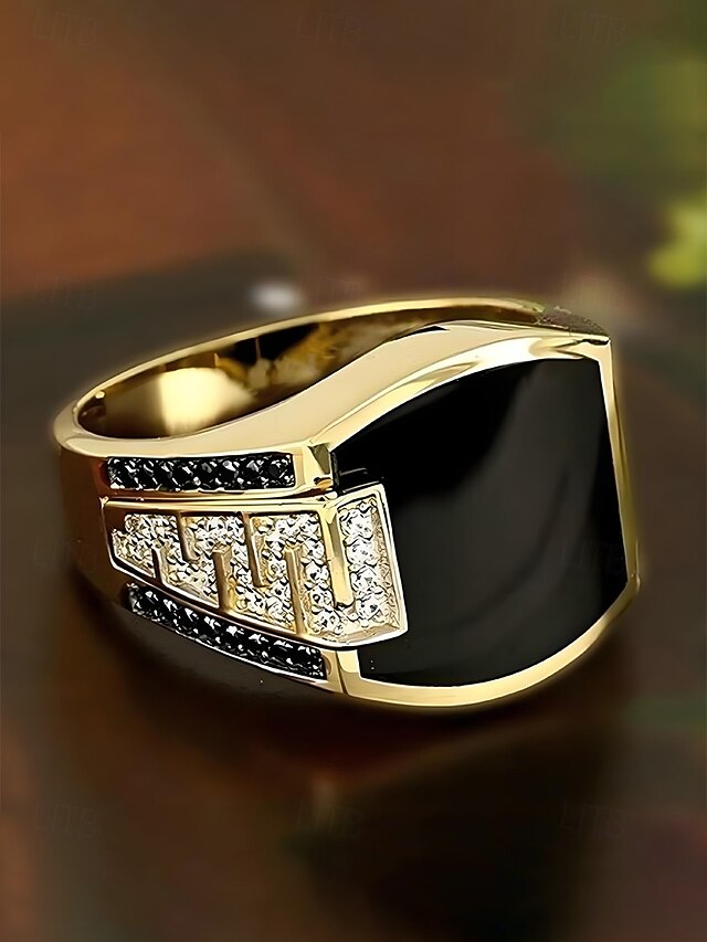Men's Gold-Tone Signet Ring with Black Inlay and CZ Accents, Luxury ...