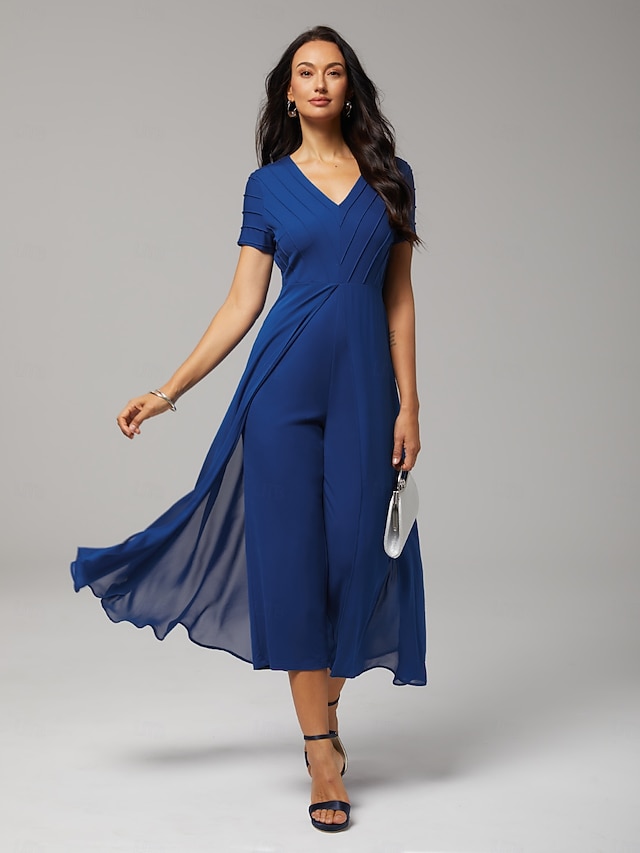 Women's Jumpsuit Royal Blue V Neck Paneled Design Faux Two Piece Flowy ...