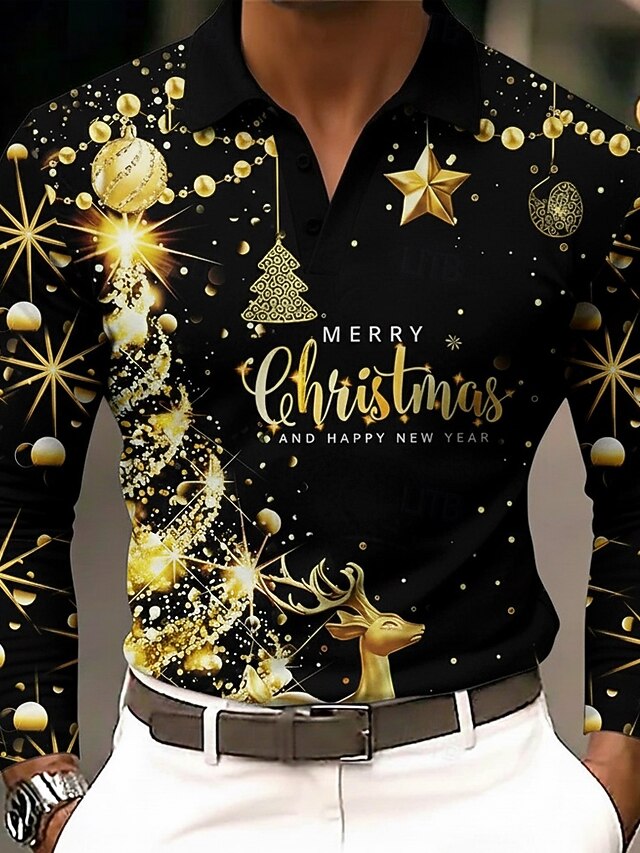 Christmas Men's Elk Christmas Tree Polo Long Sleeve Polo Shirts Lapel ...
