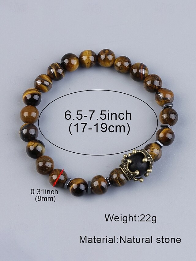 Men's Natural Stone Bracelet – Adjustable Beaded Design with Crown ...