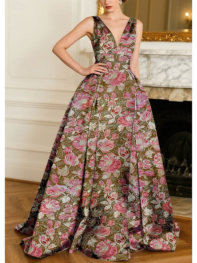 A-linje Golvlång Kvälls klänningar Elegant Vintage Ärmlös V-hals ...