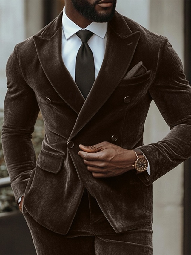 Men's Casual Business Velvet Suits Notch Lapel Black Brown Formal Solid ...