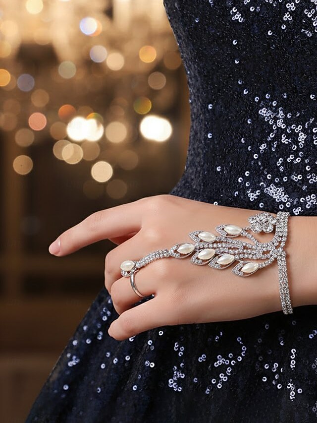 Women's Pearl Leaf Rhinestone Hand Chain Bracelet - Elegant Statement ...