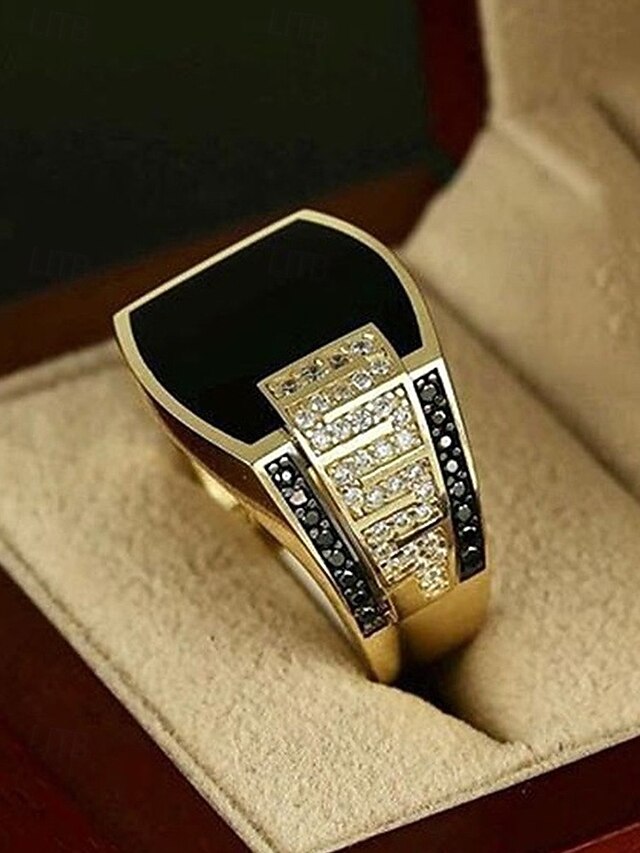 Men's Gold-Tone Signet Ring with Black Inlay and CZ Accents, Luxury ...