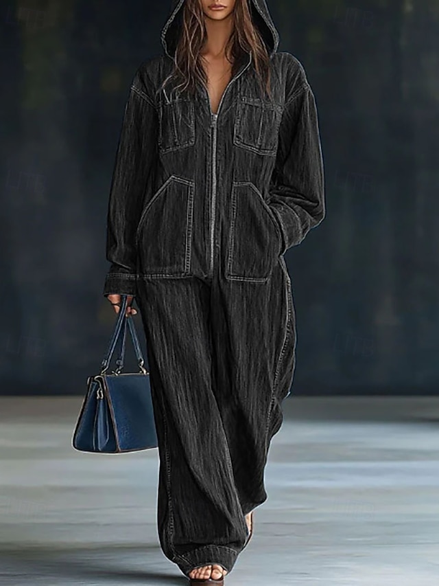 Women's Jumpsuit Active Solid Color Long Sleeve Wide Leg Hooded Zipper ...