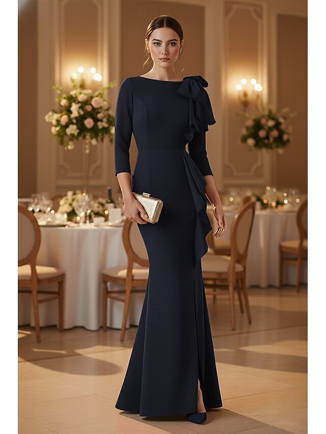 Mermaid Trumpet Floor Length Evening Gown Elegant 3/4 Length Sleeve ...
