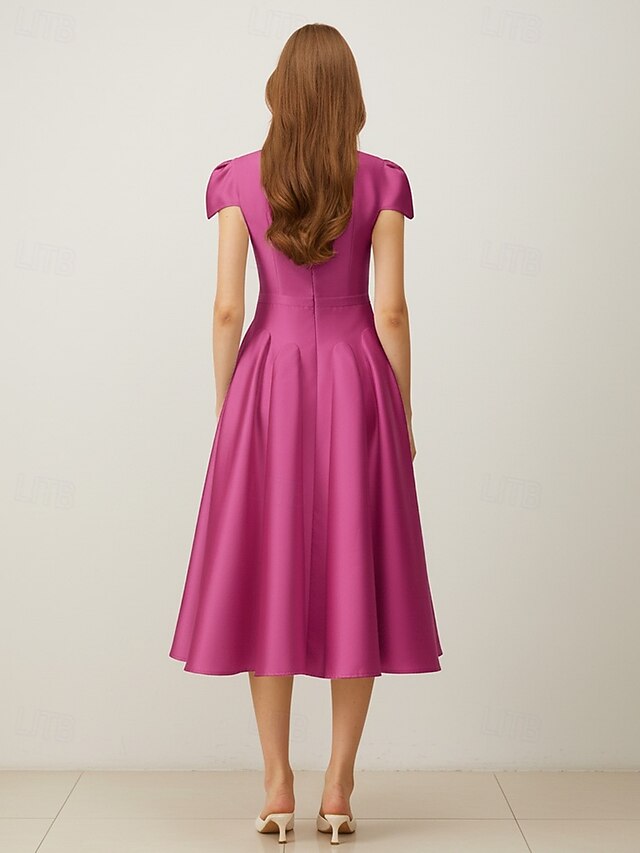 A-Line Tea Length Cocktail Dresses Prom Dresses Elegant Short Sleeve V ...