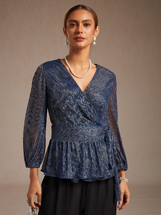 Women's Dressy Tops Elegant Lantern Sleeve Chiffon V Neck Regular Tops ...
