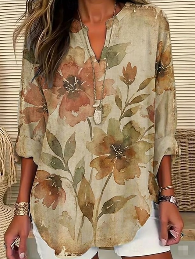 Women's Shirt Tunic Floral Graphic Bohemia Vintage Daily Long Sleeve V ...