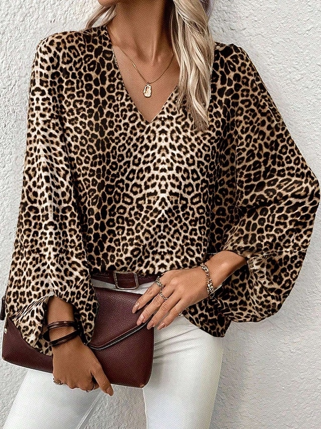 Women's Blouse Leopard Stylish Casual Long Sleeve V Neck Regular Tops ...