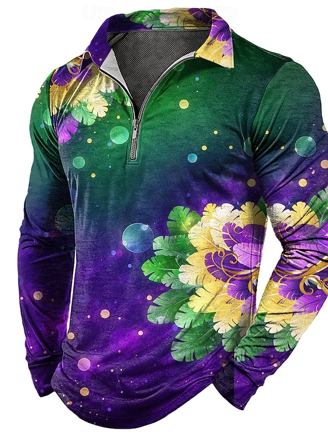 Carnival Men's Floral Zip Polo Shirts Long Sleeve Polo Shirts Lapel ...