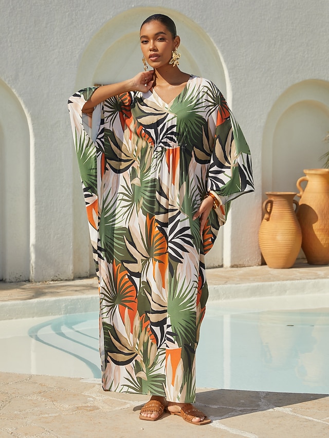 Vacation Tropical Botanical Print Dolman Sleeve Satin Maxi Dress 2025 ...