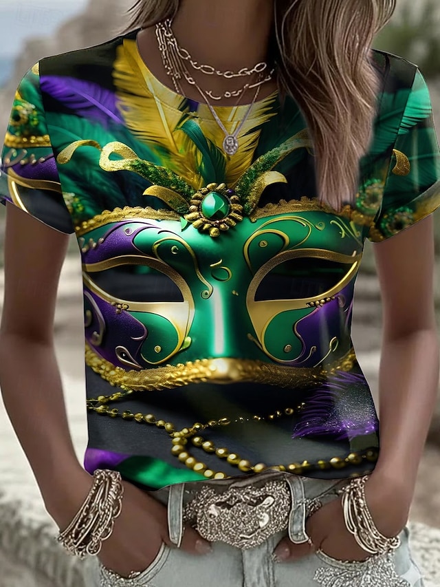 Mardi Gras Women's T Shirt Floral Stylish Classic Casual Short Sleeve ...