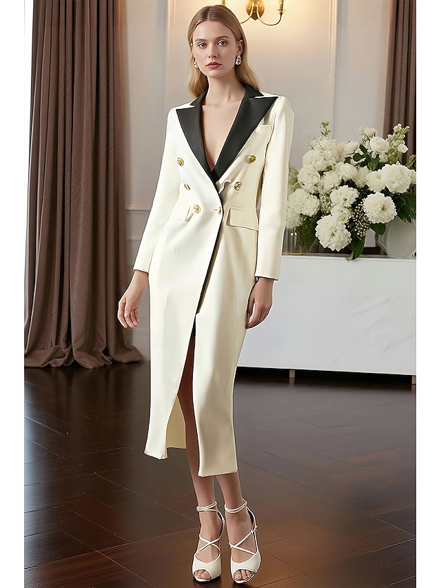 Women's Tuxedo Dress Sheath Business Office Formal Satin Elegant Long ...