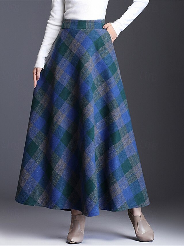 Women's Elegant Retro Vintage Maxi High Waist Skirts Plaid Color Block ...
