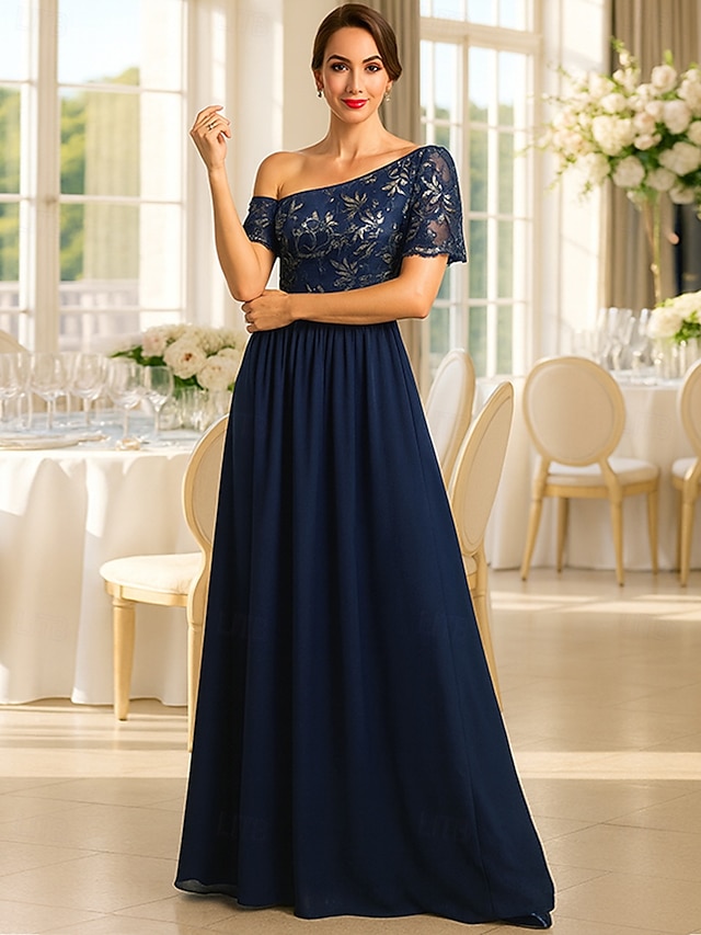 A-Line Robe Longue Formelle Robe de Soirée Mère de la Mariée Manches ...