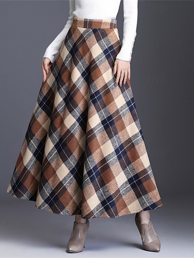 Women's Elegant Retro Vintage Maxi High Waist Skirts Plaid Color Block ...