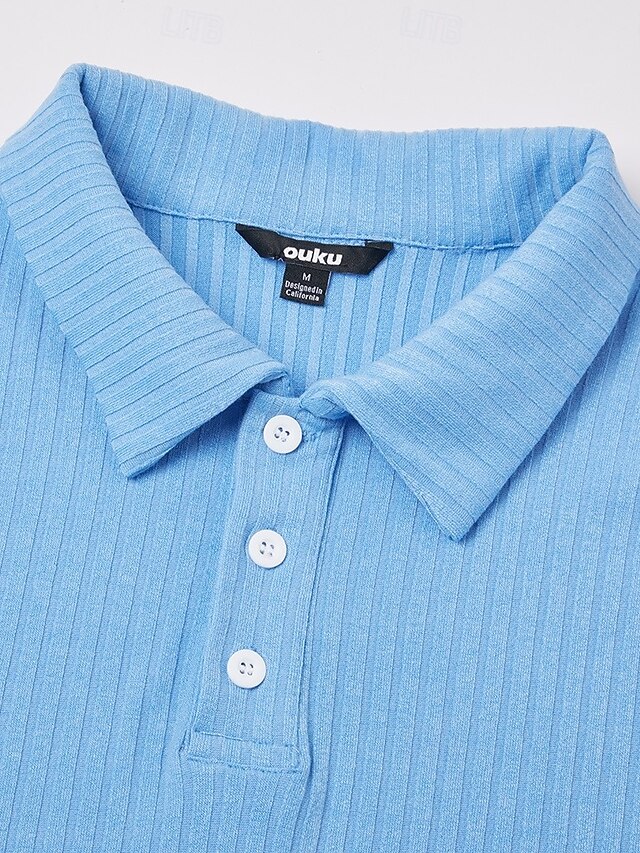 Men's Rib Knit Top Textured Casual Work Lapel Ribbed Polo Collar Short ...