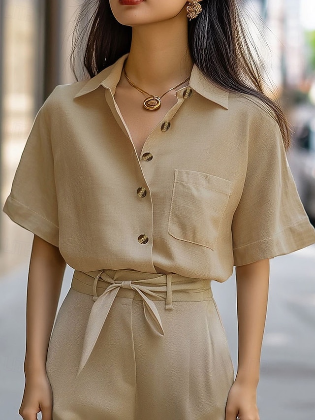 Women's Shirt Blouse Solid Color Plain Elegant Vintage Stylish Short ...