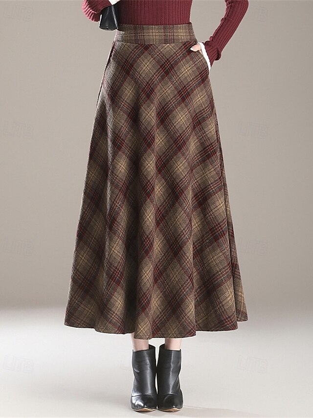 Women's Elegant Retro Vintage Maxi High Waist Skirts Plaid Color Block ...