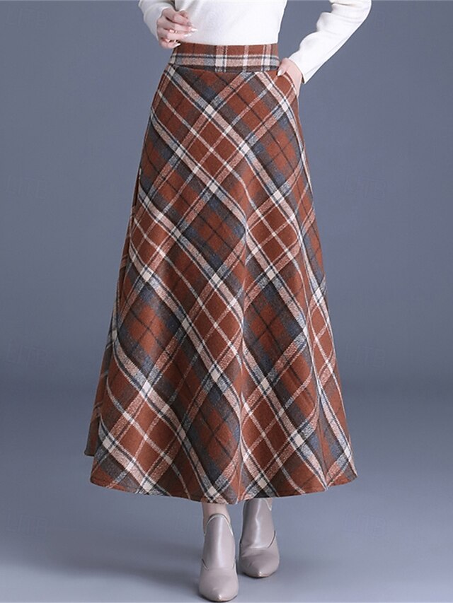 Women's Elegant Retro Vintage Maxi High Waist Skirts Plaid Color Block ...