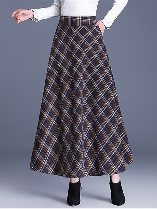 Women's Elegant Retro Vintage Maxi High Waist Skirts Plaid Color Block ...