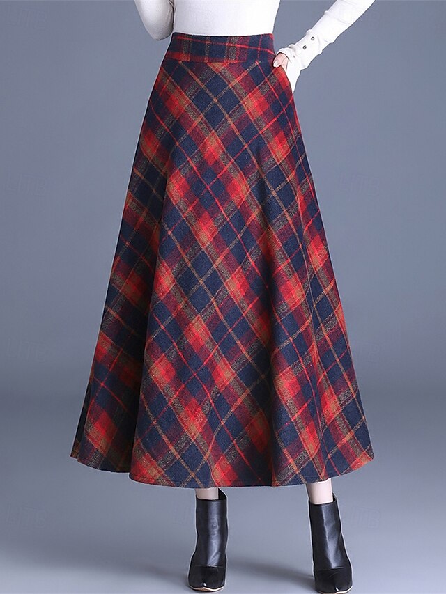Women's Elegant Retro Vintage Maxi High Waist Skirts Plaid Color Block ...