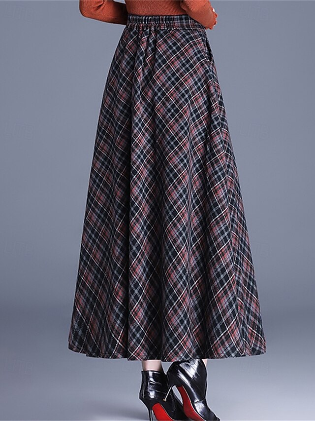 Women's Elegant Retro Vintage Maxi High Waist Skirts Plaid Color Block ...