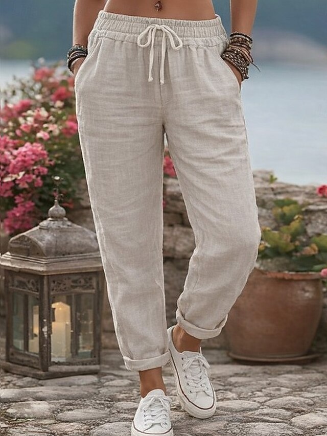 Women's Cotton Linen Pants Trousers Summer Pants Vacation Basic Casual ...